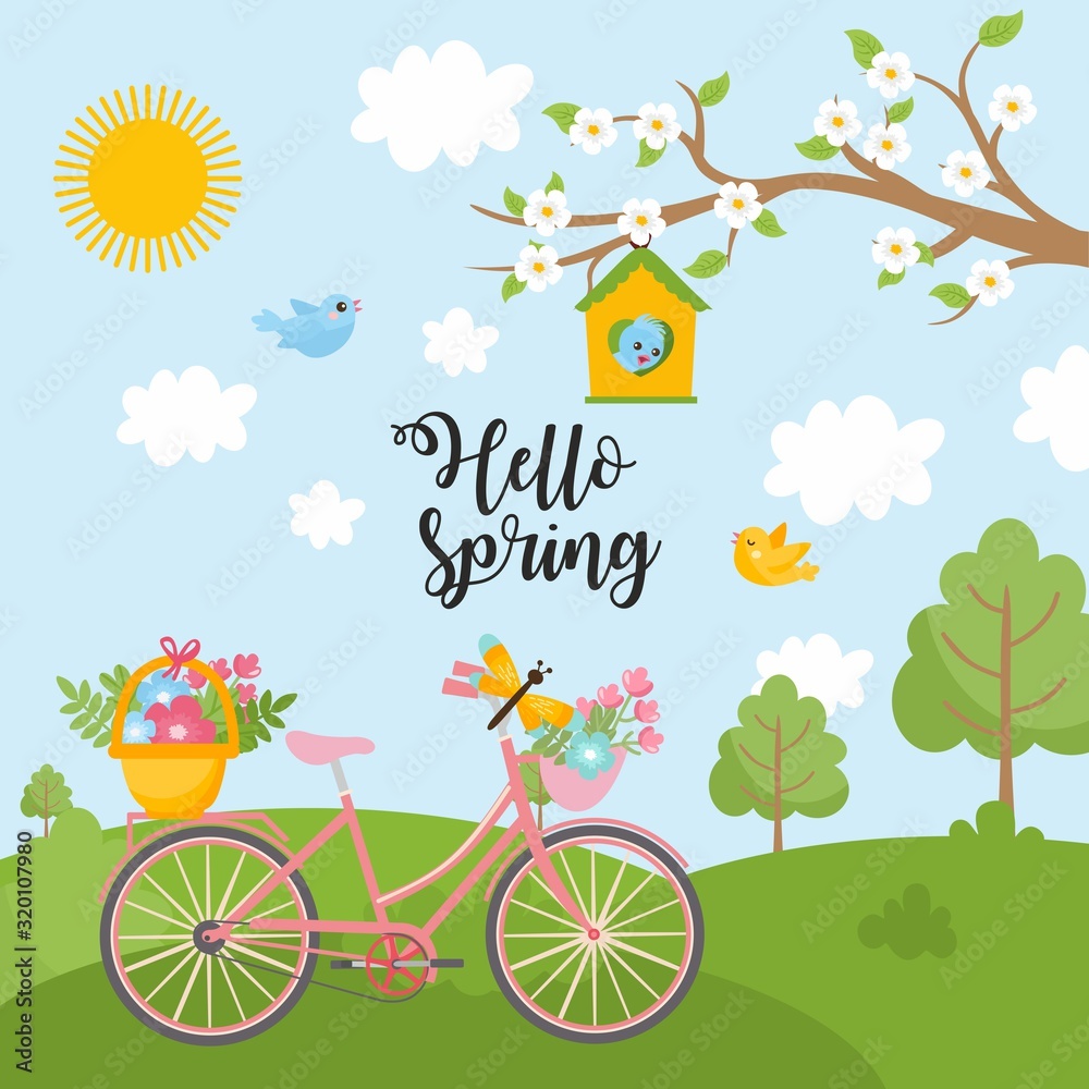 Greeting card design with spring landscape. "The spring time" message ...