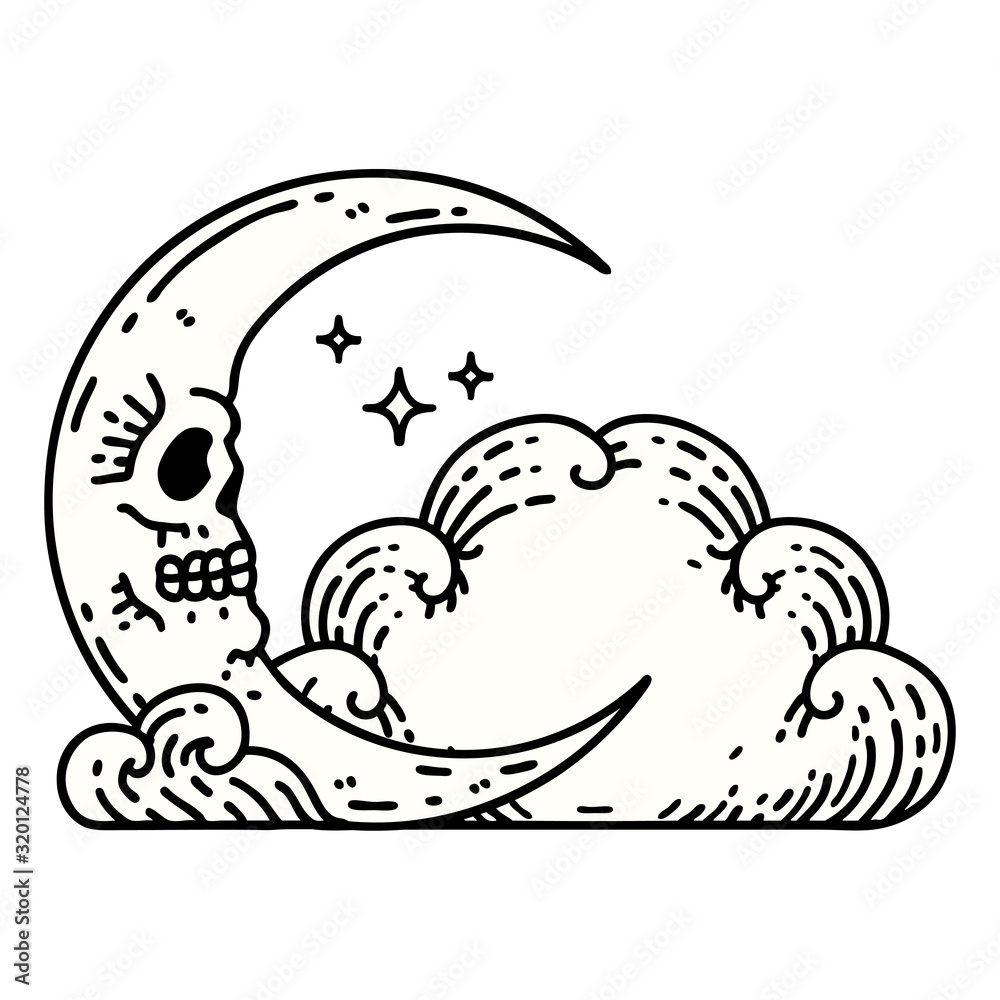 traditional tattoo of a skull crescent moon and clouds Stock Vector ...