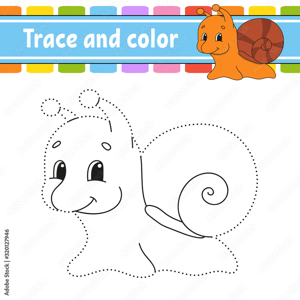Trace and color. Snail mollusk. Coloring page for kids. Handwriting ...