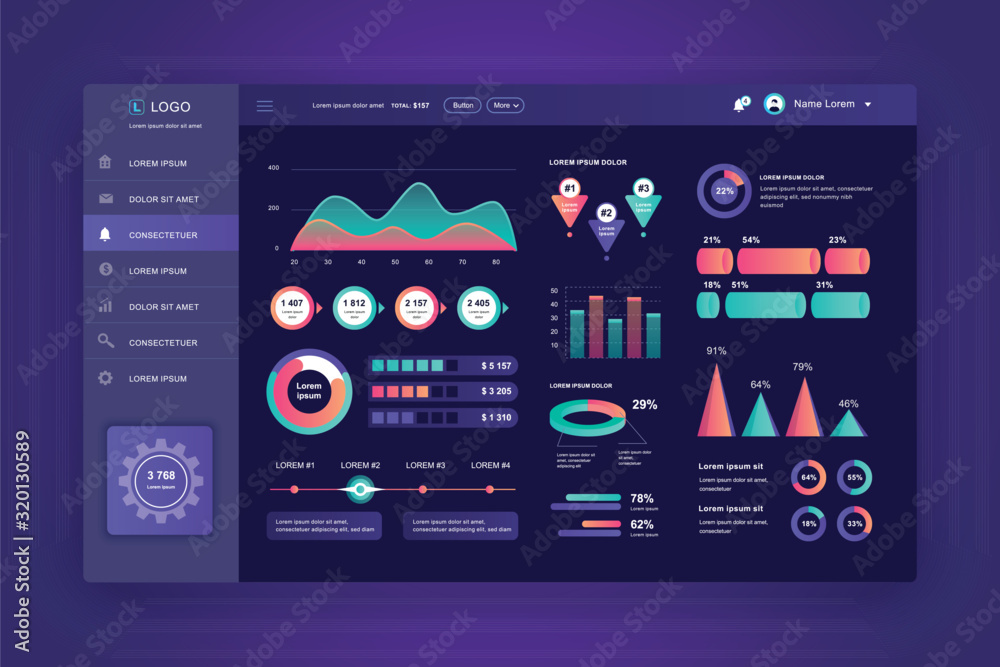 Dashboard UI. Admin panel vector design template with infographic ...