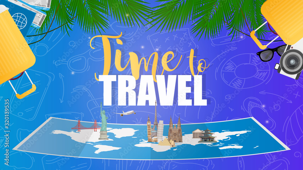 Time to travel banner. World map with volumetric attractions. Well ...