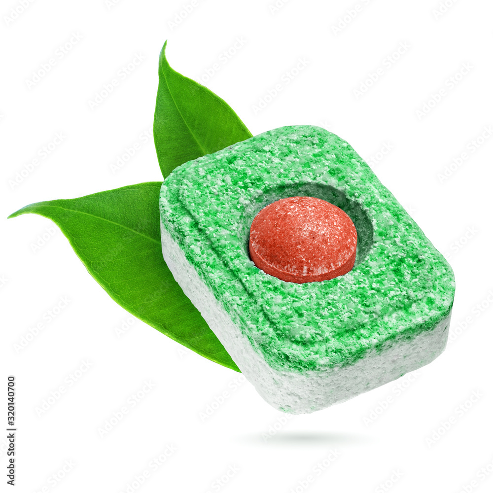 Green eco dishwasher detergent tablet isolated on white Stock Photo ...