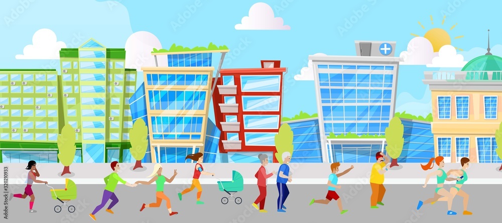 City running people vector illustration. Fitness workout women and men ...