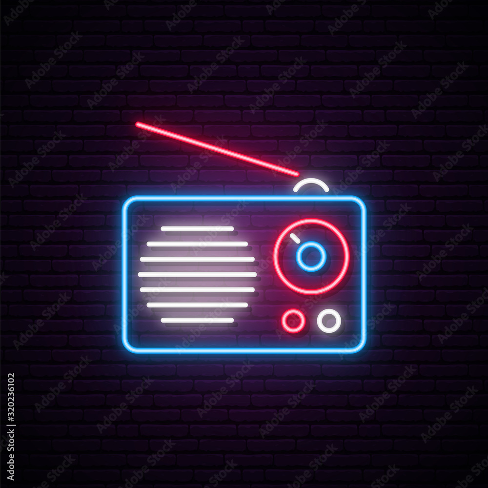 Neon radio sign. Vector radio receiver illustration in bright neon ...