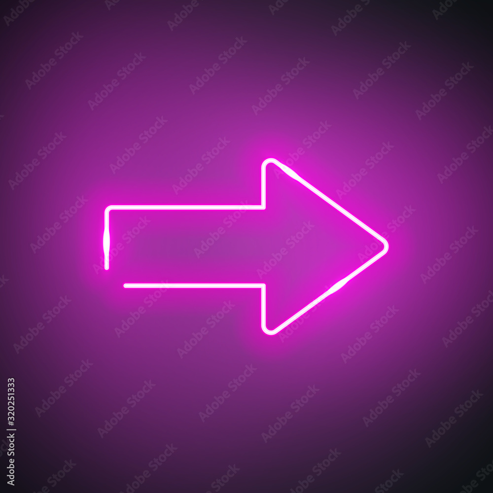 Neon arrow. Neon glowing purple arrow pointer on black background ...
