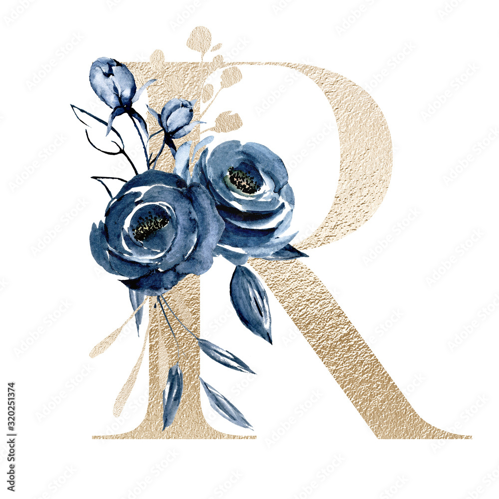 R letter with blue flowers, gold monogram initial, hand drawn ...
