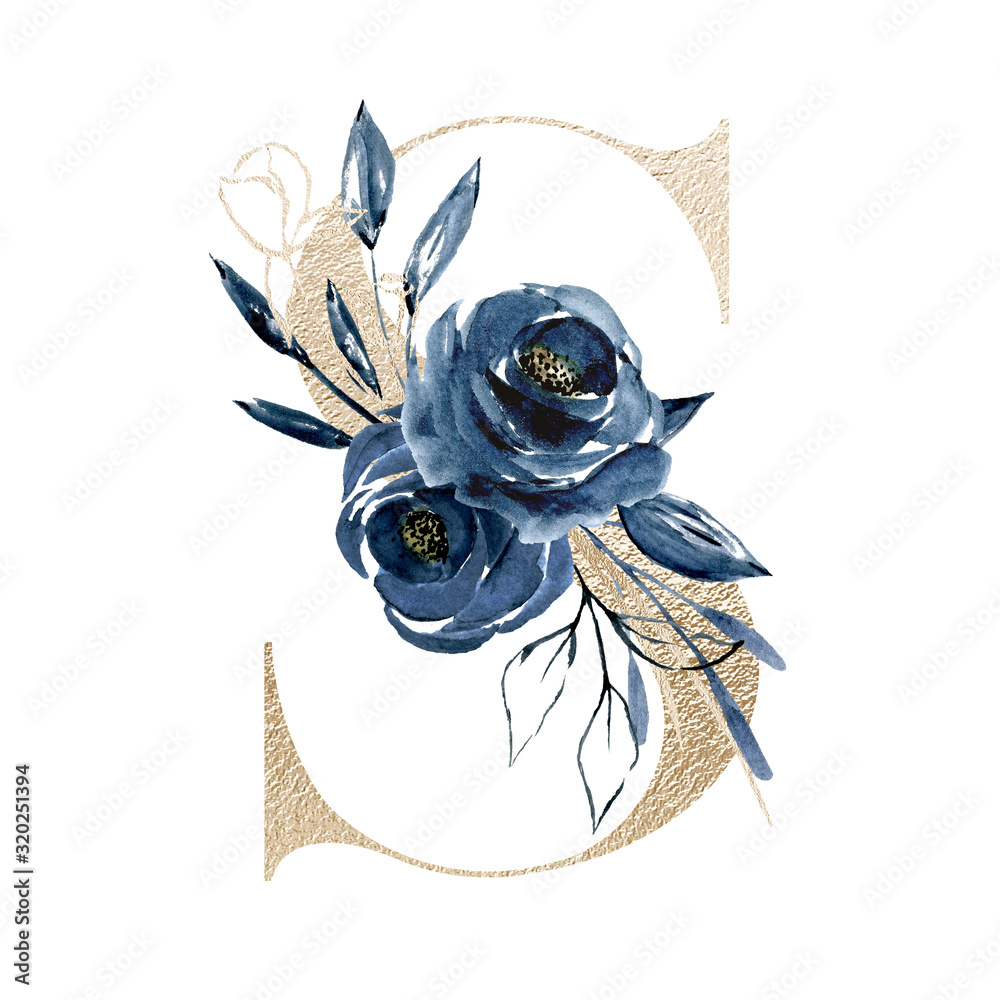 S letter with blue flowers, gold monogram initial, hand drawn ...