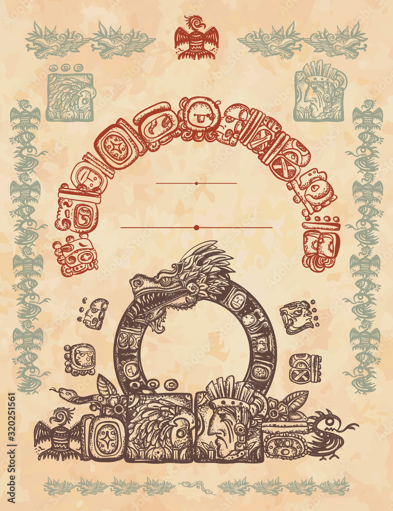 Ancient civilization vertical background. Mayan pyramids and glyphs ...