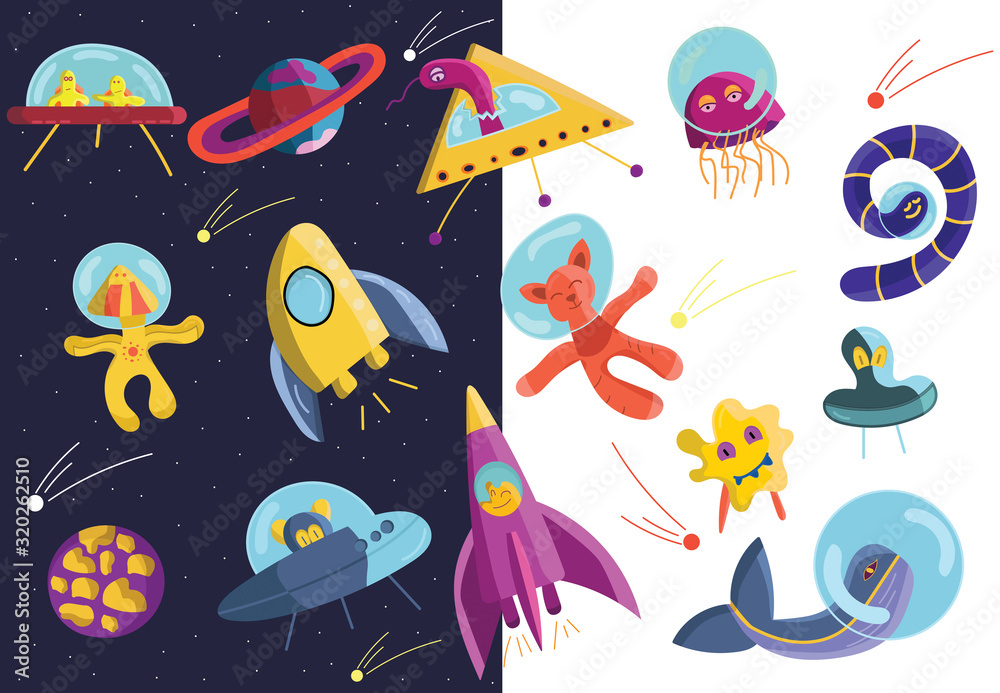 Collection of cartoon hand drawn space characters. Doodle UFO, ships ...