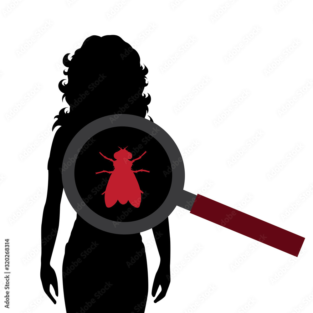 Vector silhouette of fly under magnifying glass sitting on person on ...