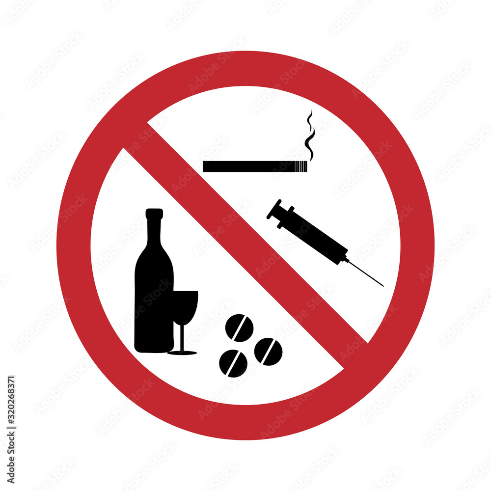 Vector silhouette of no smoking, alcohol and drugs sign on white ...