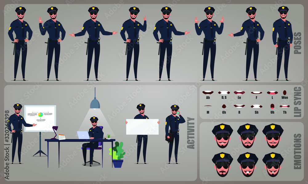 Police character Set. Collection of character body Poses, facial ...