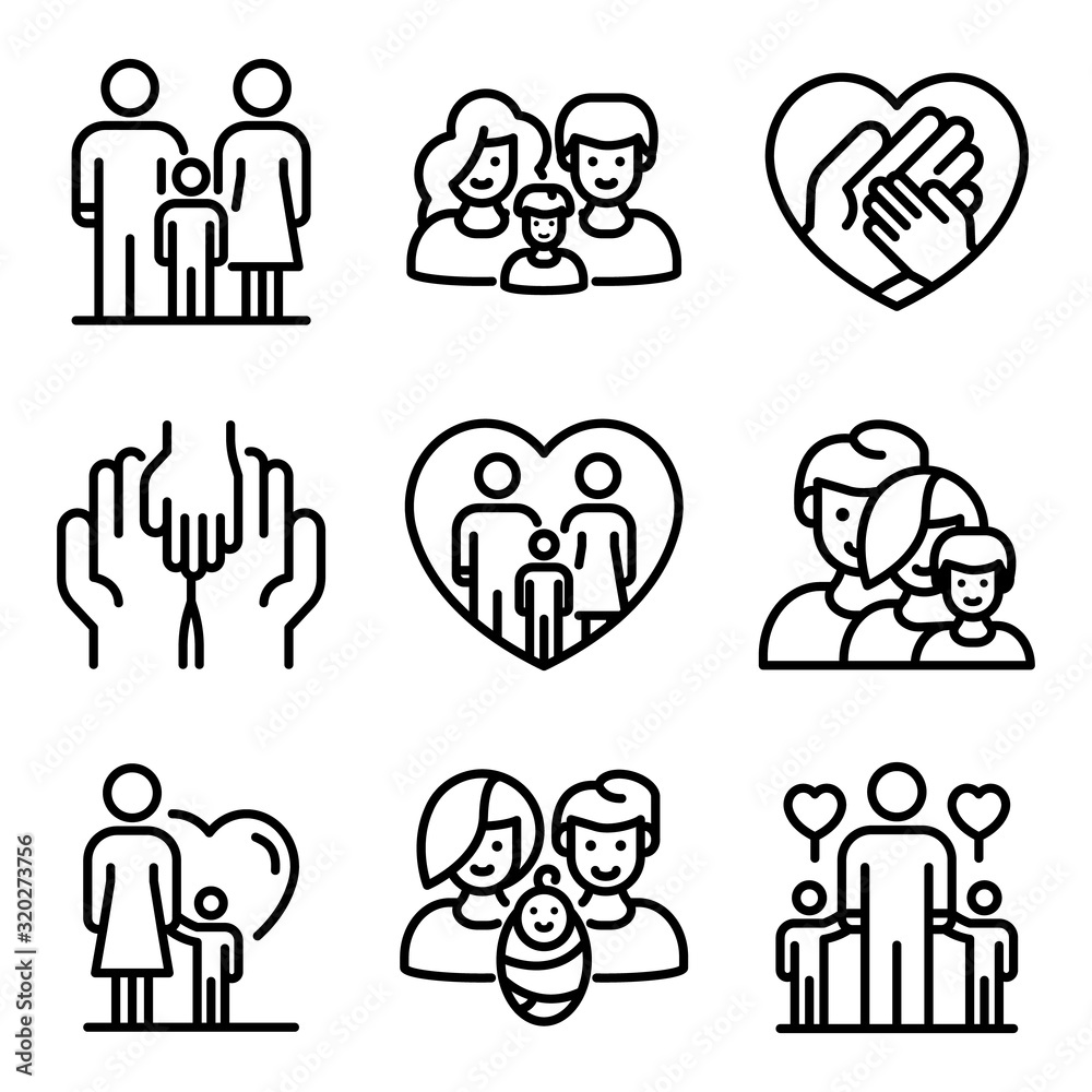 Foster family icons set. Outline set of foster family vector icons for ...