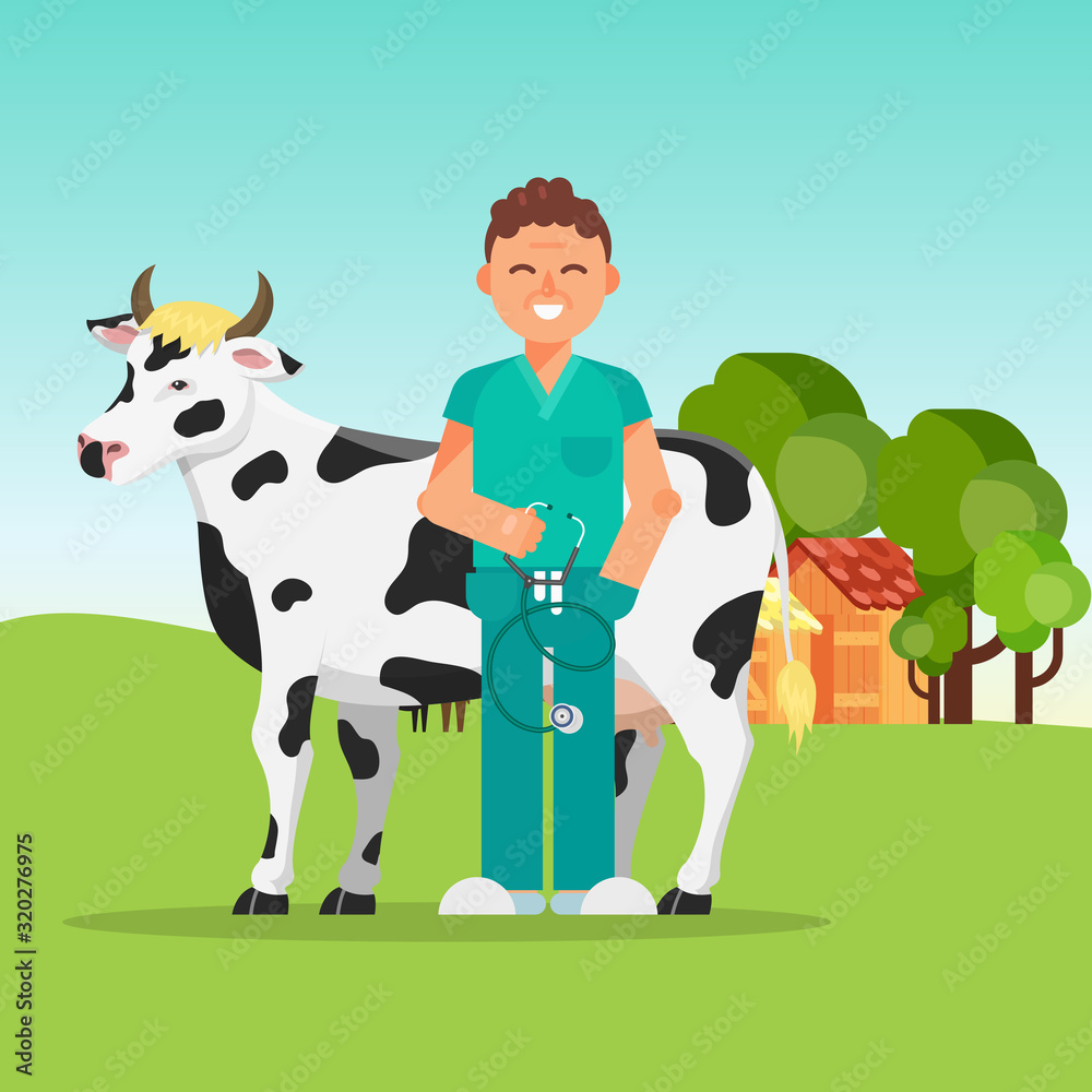Doctor veterinary and cow vector illustration. Farm animals cows ...