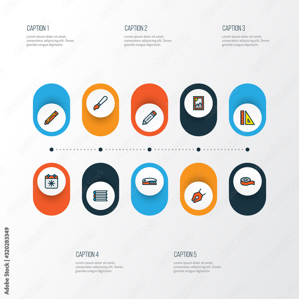 Stationary icons colored line set with scotch, pen, stapler and other ...