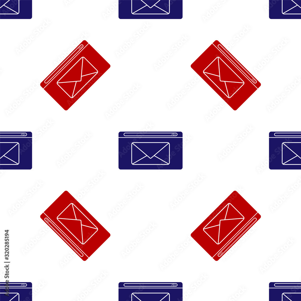 Blue and red Mail and e-mail icon isolated seamless pattern on white background. Envelope symbol ...