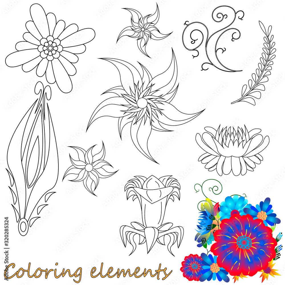 Fantasy flower elements illustration set on white isolated. Vector ...