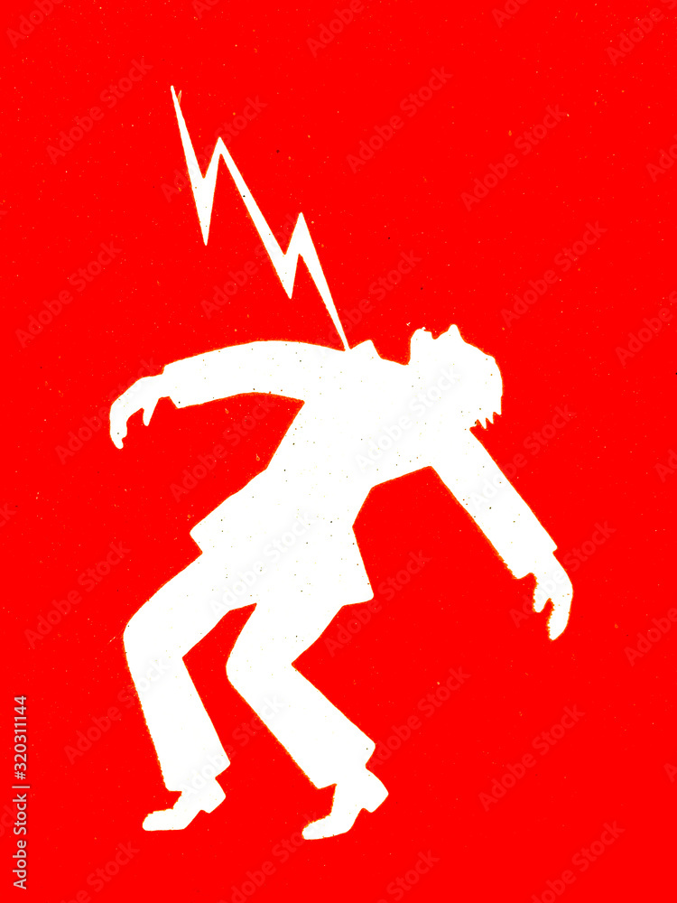 danger of life due to electric shock, white silhouette and red ...