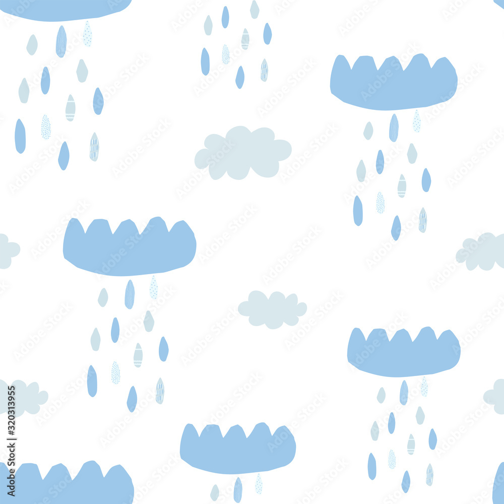 Cute seamless pattern with blue clouds, raindrops and hand drawn ...