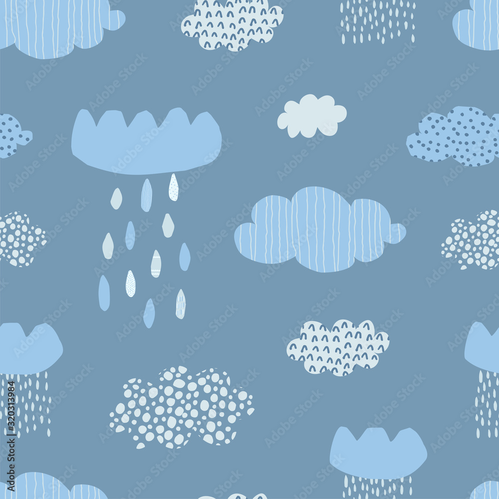 Cute seamless pattern with blue clouds, raindrops and hand drawn ...