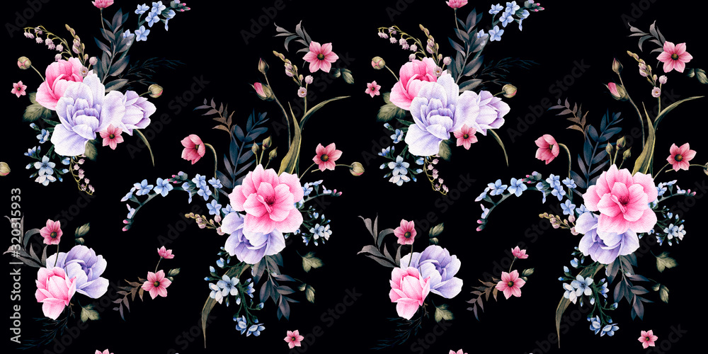 Seamless floral pattern with flowers on dark background, watercolor ...