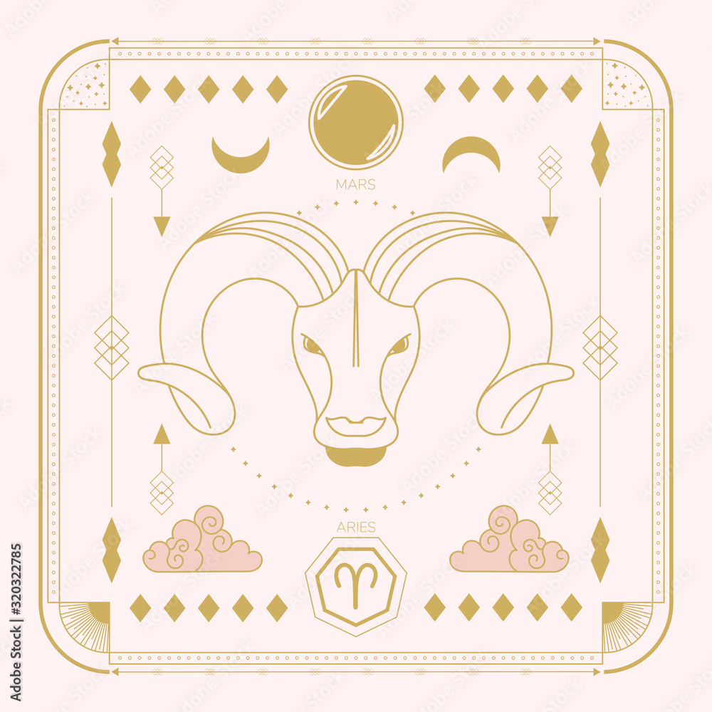 Zodiac sign - Aries and its planet ruler Mars. Thin linear vector ...