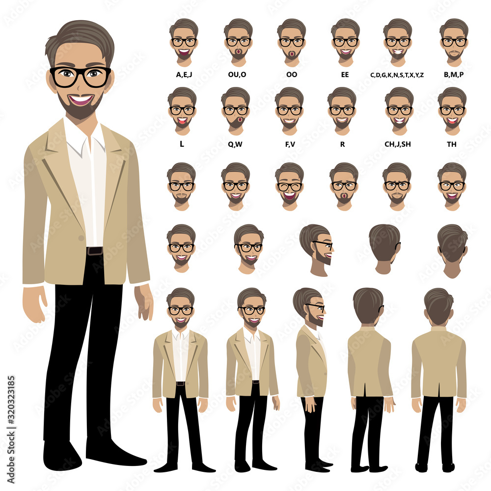 Cartoon character with business man in smart suit for animation. Front ...