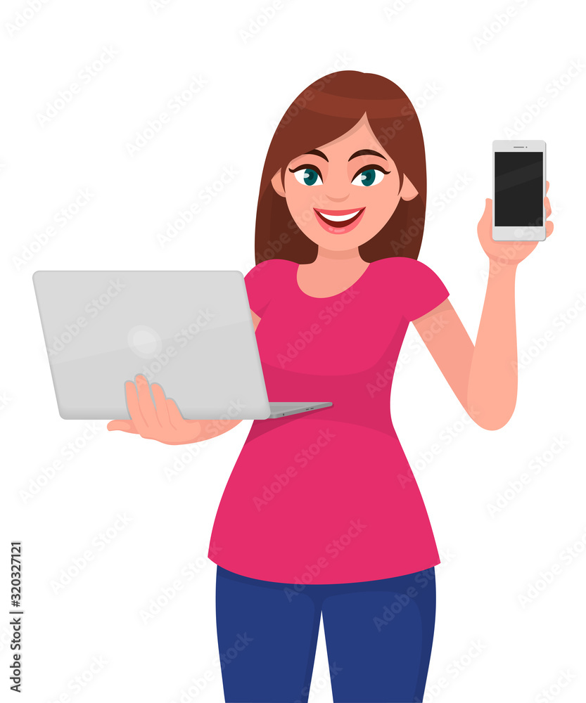 Stylish young woman holding a new laptop computer and showing mobile ...