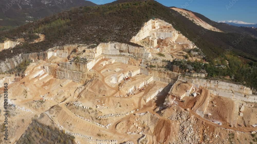 Air view of a marble quarry. Panoramic view of the extraction of marble ...