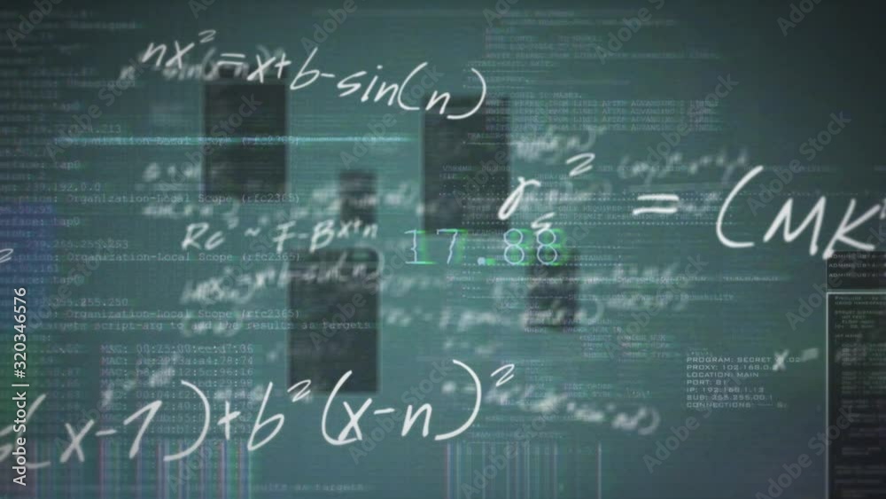 Distorted computer screen background with formulars and codes ...