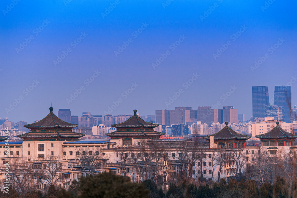 Beijing cityscape between ancient chinese architecture. historic ...
