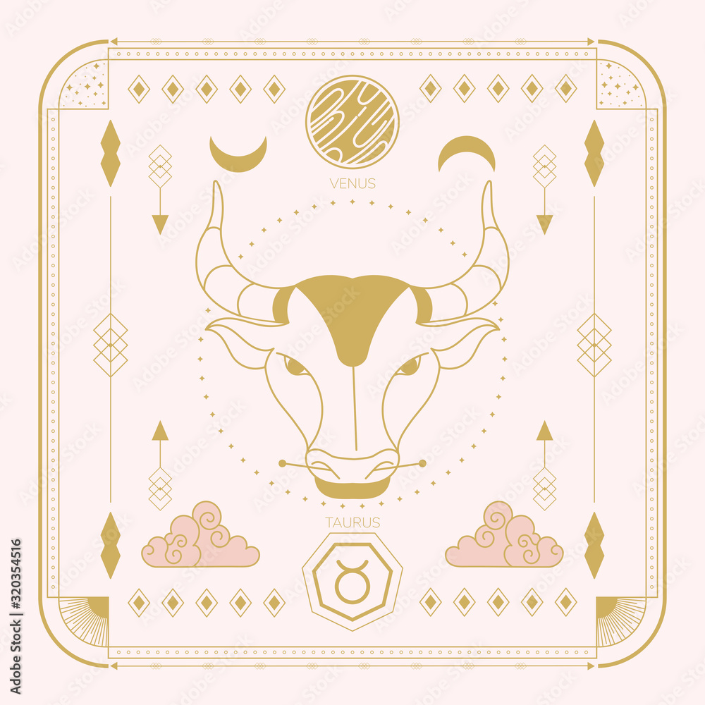 Zodiac sign - Taurus and its planet ruler Venus. Thin linear vector ...