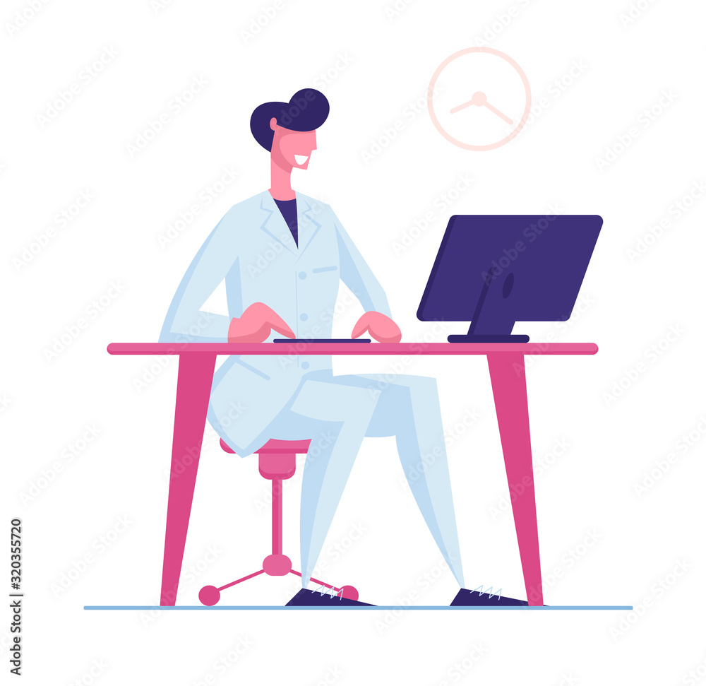 Male Doctor in White Medical Robe Working on Computer Sitting at Desk ...