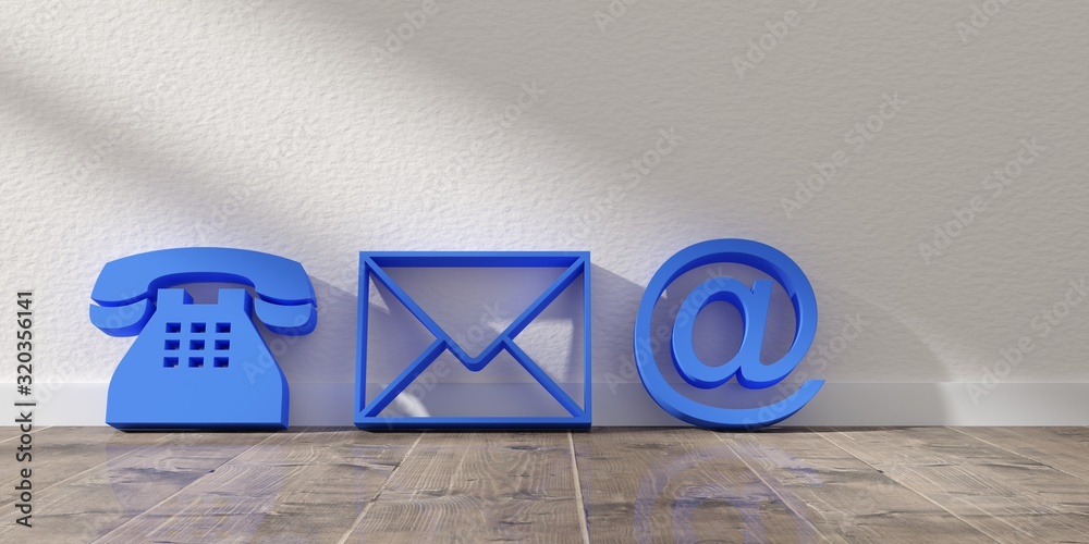 Blue telephone, envelope letter and e-mail symbols leaning against wall ...