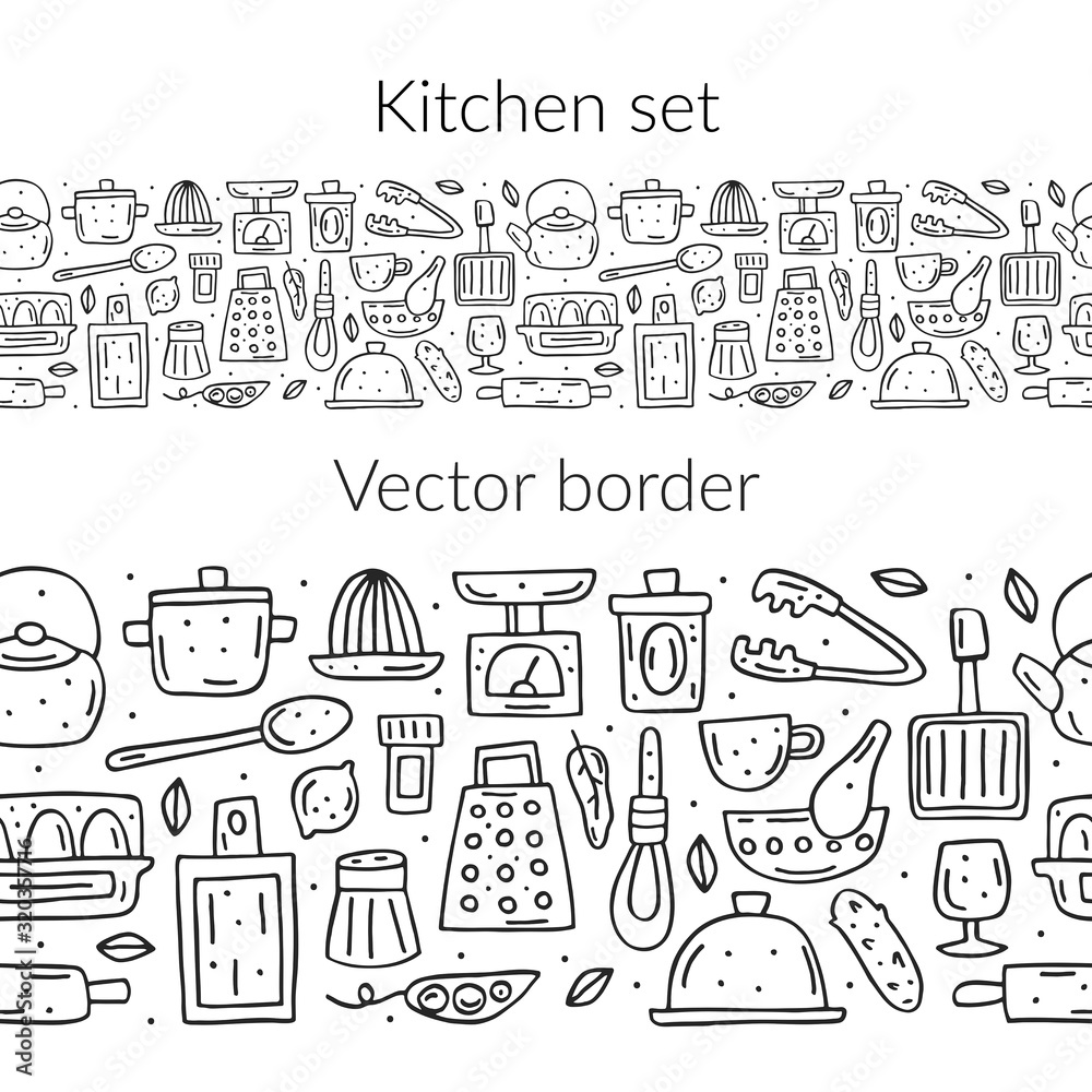 Kitchen elements cute doodle hand drawn cartoon vector seamless border ...