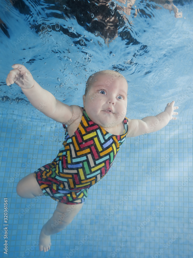 Cute chubby little girl in a swimsuit dives underwater in a swimming ...