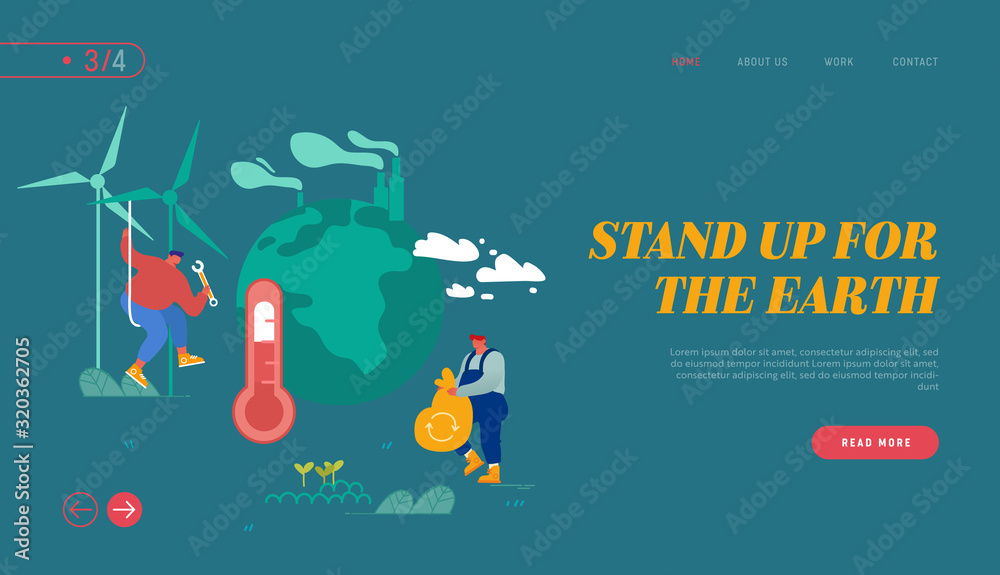 Global Warming Website Landing Page. Man Collect Garbage, Worker Set Up Windmills. People Care ...