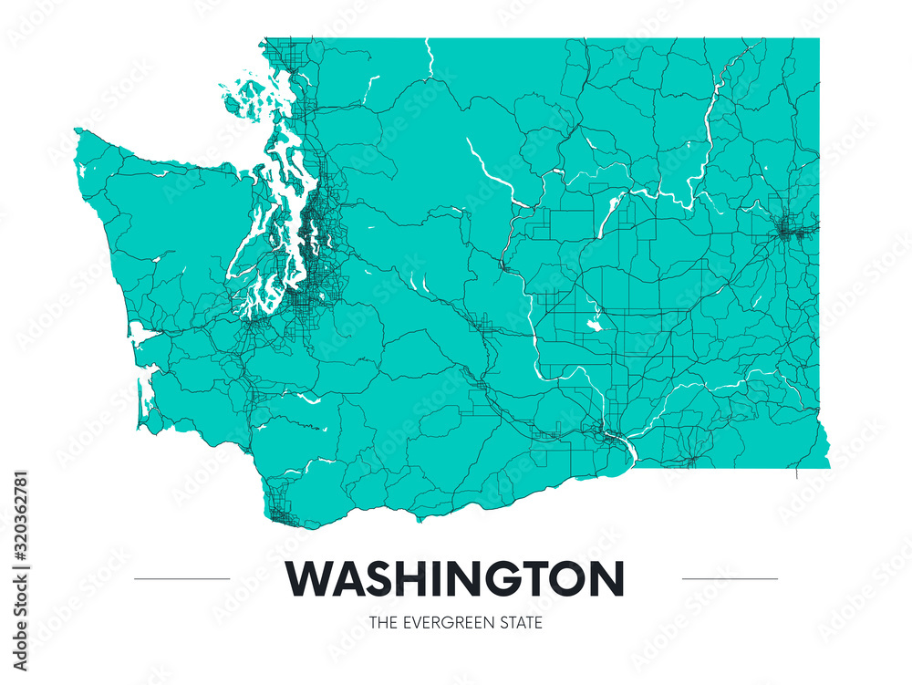 Detailed Washington state map, highly detailed territory and road plan ...