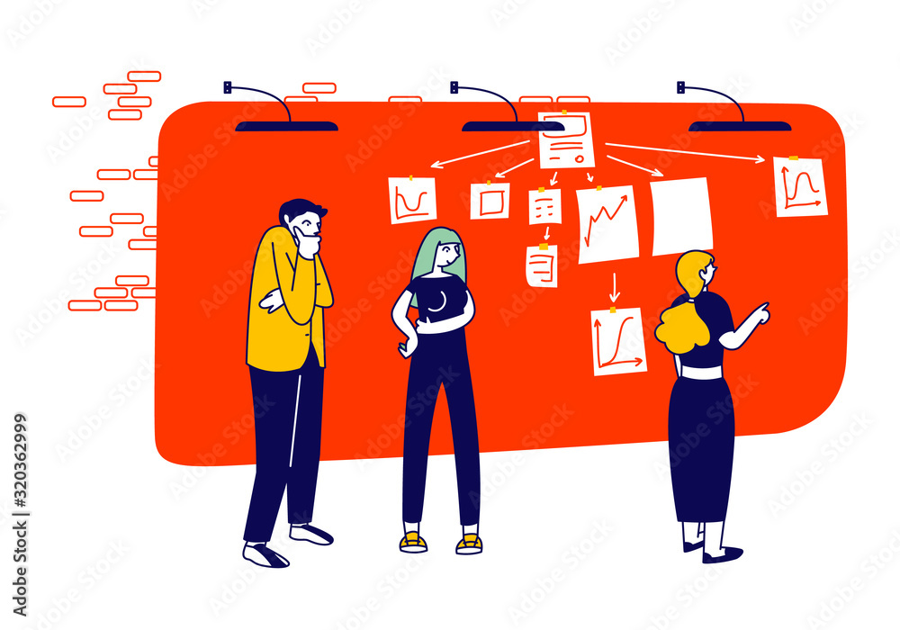 People Sticking Papers on Big Organizer Workwall Planning and Analyzing Working Process. Agile ...