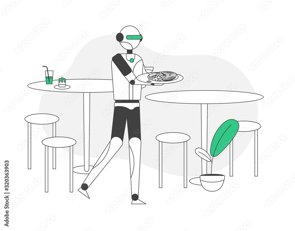 Robot Waiter Serving Tables in Restaurant. Cyborg Carry Tray with Meal ...