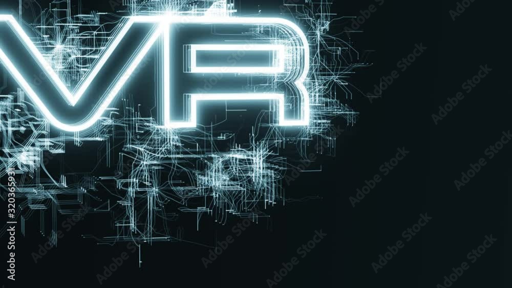 Animation of VR, virtual reality, text with circuit board-like ...
