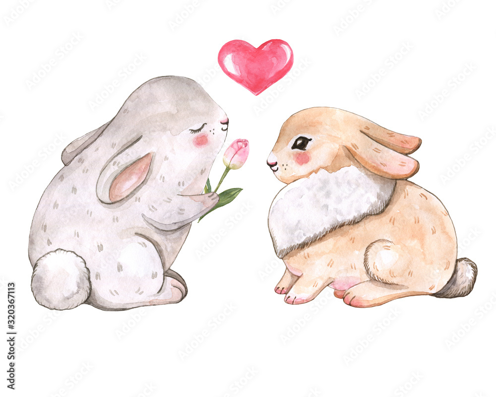 Two cute bunnies in love. Watercolor romantic illustrations. Spring ...
