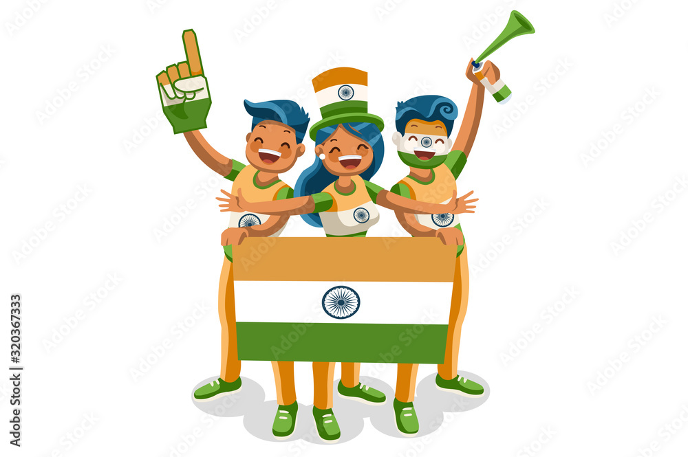 India with a flag. Indian people. Crowd of persons celebrate national ...