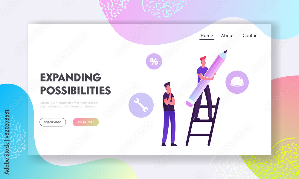 User Manual Tutorial Website Landing Page. Man Stand on Ladder with ...