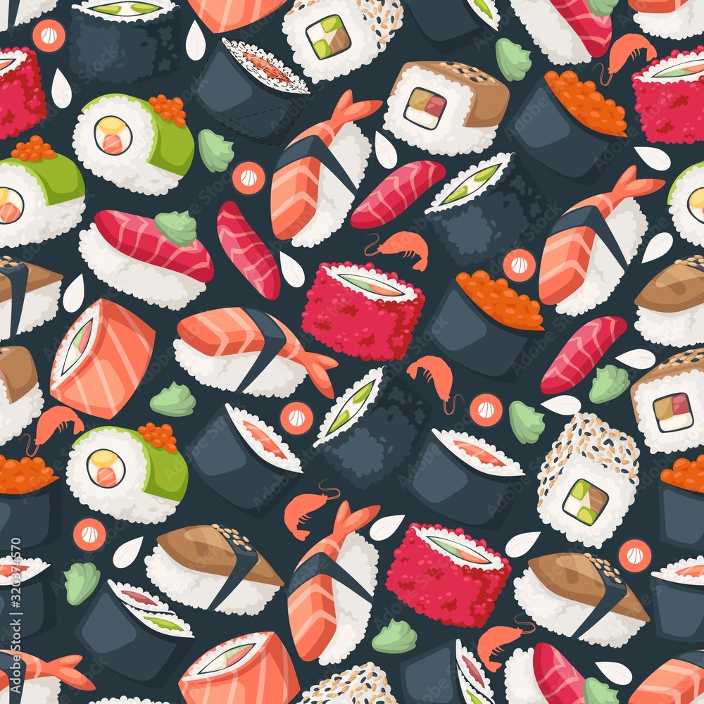 Sushi isolated icons in seamless pattern, vector illustration. Wrapping ...