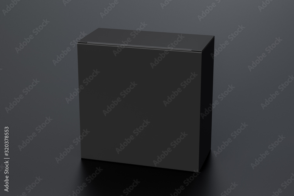 Blank black wide square box with closed hinged flap lid on black ...