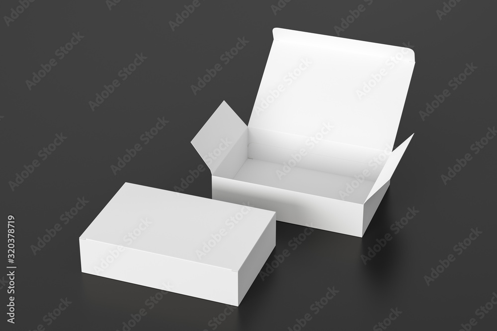 Blank white wide flat box with open and closed hinged flap lid on black ...