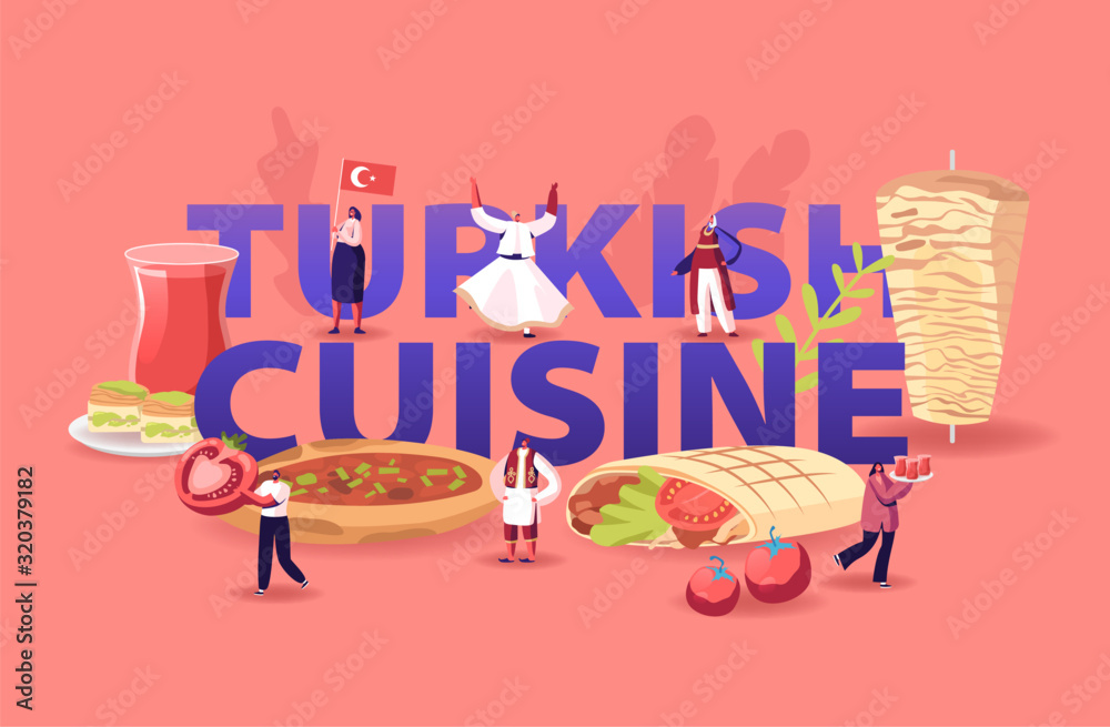 Turkish Cuisine Concept. Tiny Male and Female Characters Tourists and ...