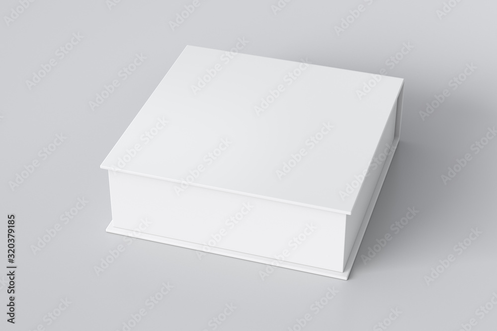 Blank white flat square gift box with closed hinged flap lid on white ...