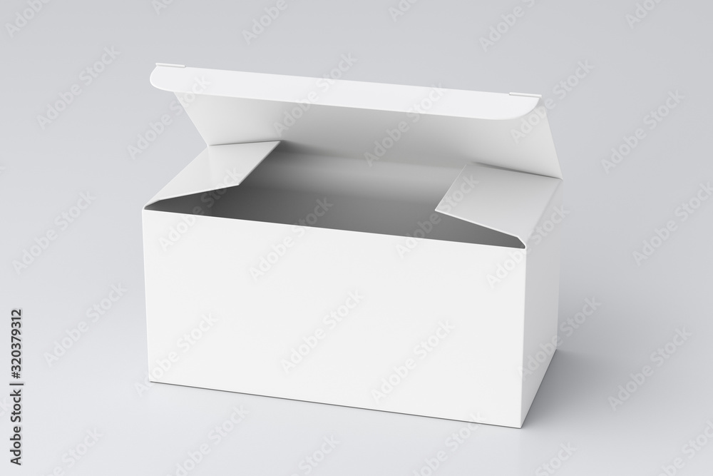 Blank white wide box with opened hinged flap lid on white background ...